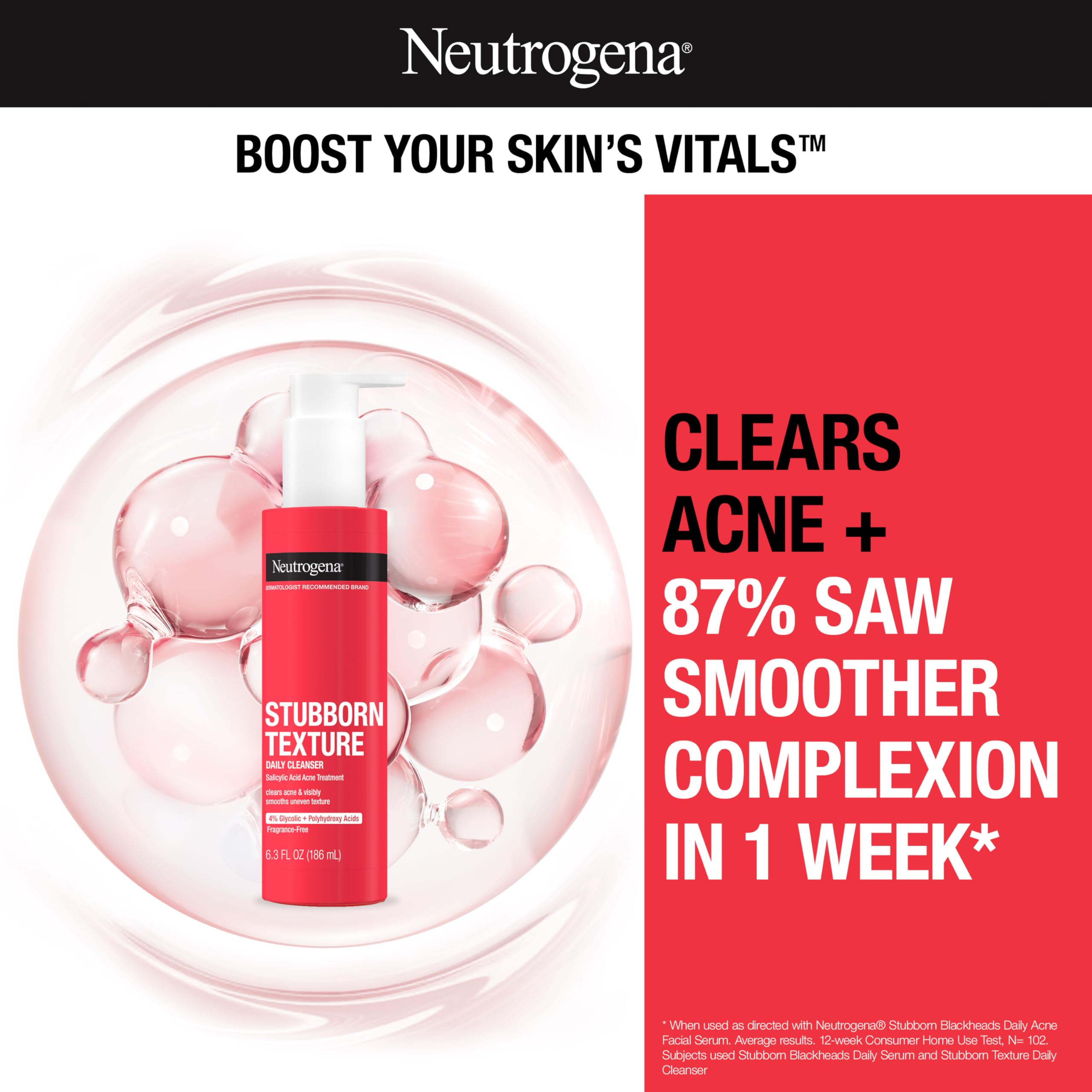 Neutrogena Stubborn Texture Daily Acne Facial Cleanser with Salicylic Acid, 6.3 fl. oz, & Neutrogena Stubborn Marks PM Treatment with Retinol, 1.0 fl. oz, Fragrance Free Skincare, 2 Items