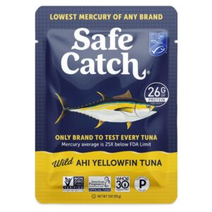 safe catch wild ahi yellowfin tuna fish pouches, wild caught, lowest mercury, lean protein, omega 3, gluten-free, kosher, pack of 12