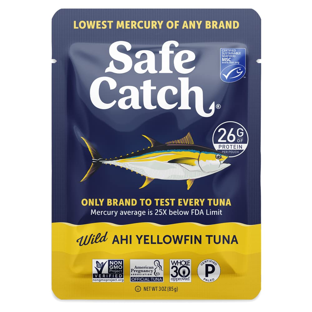 Safe Catch Wild Ahi Yellowfin Tuna Fish Pouches, Wild Caught, Lowest Mercury, Lean Protein, Omega 3, Gluten-Free, Kosher, Pack of 12