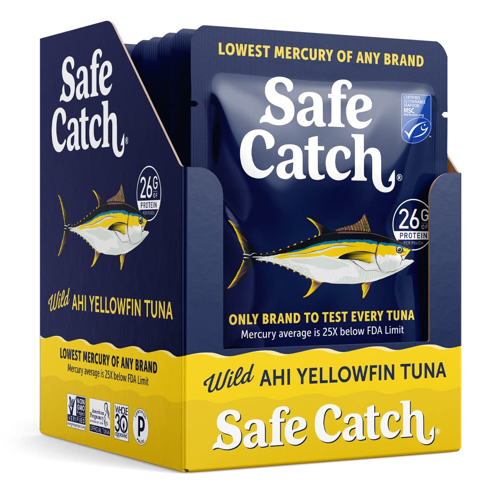 Safe Catch Wild Ahi Yellowfin Tuna Fish Pouches, Wild Caught, Lowest Mercury, Lean Protein, Omega 3, Gluten-Free, Kosher, Pack of 12