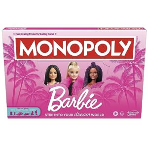 monopoly: barbie edition board game, ages 8+, 2-6 players, fun family games for kids and adults, with 6 barbie-themed pink zinc tokens, kids gifts