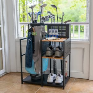 teal triangle freestanding golf club organizer, stylish heavy duty garage storage floor stand, holds 1 golf bag shoes clubs balls and more