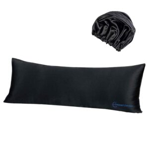 memory foam body pillow (black, 20 x 54 inch) - full body pillows for adults - large body pillow insert with pillowcase for back & side sleepers, black silk body pillow cover & silk bonnet