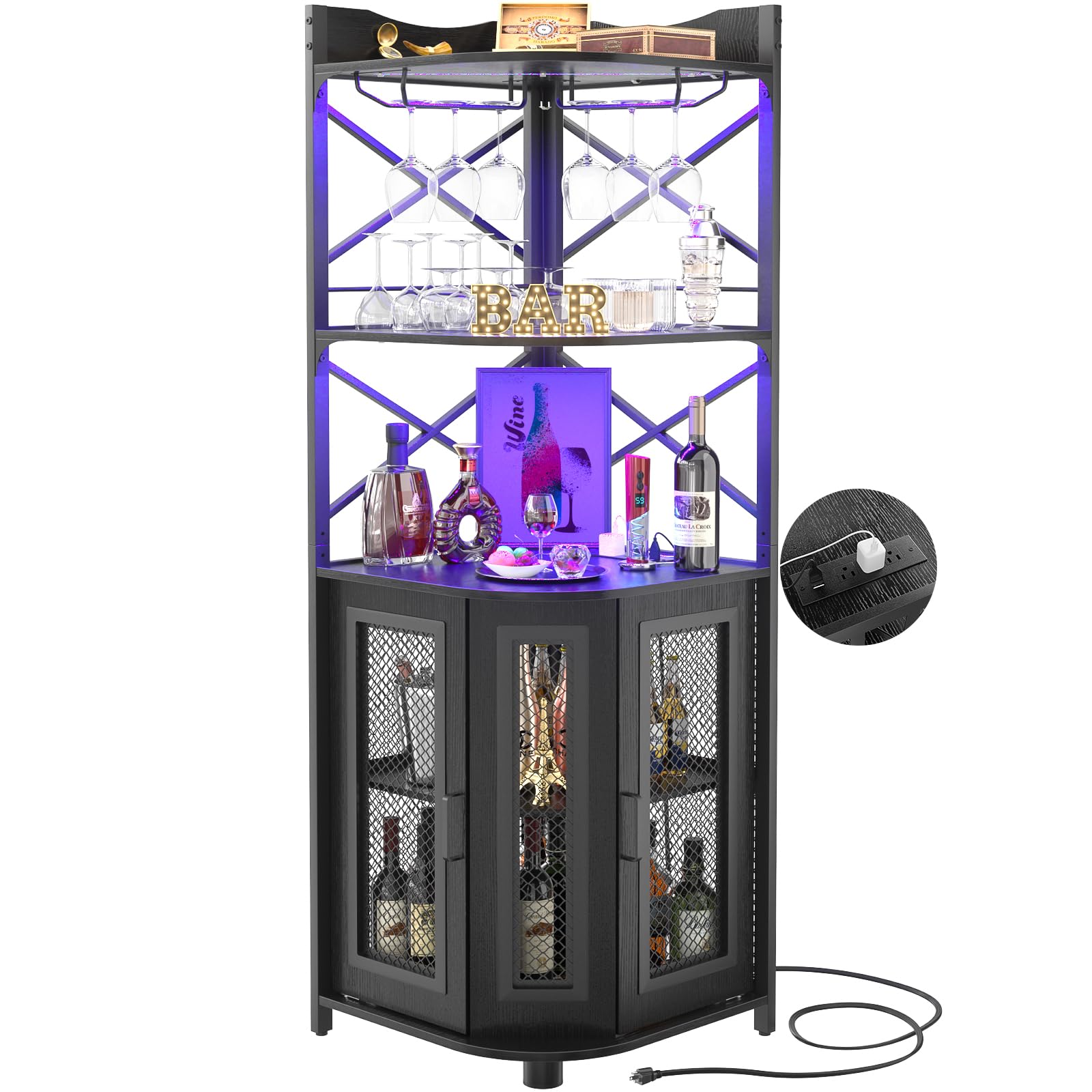 Aheaplus Corner Bar Cabinet with Power Outlet, Industrial Wine Cabinet with LED Strip and Glass Holder, 5-Tiers Liquor Cabinet Bar Unit for Home, Corner Display Cabinet for Small Space, Black