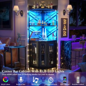 Aheaplus Corner Bar Cabinet with Power Outlet, Industrial Wine Cabinet with LED Strip and Glass Holder, 5-Tiers Liquor Cabinet Bar Unit for Home, Corner Display Cabinet for Small Space, Black