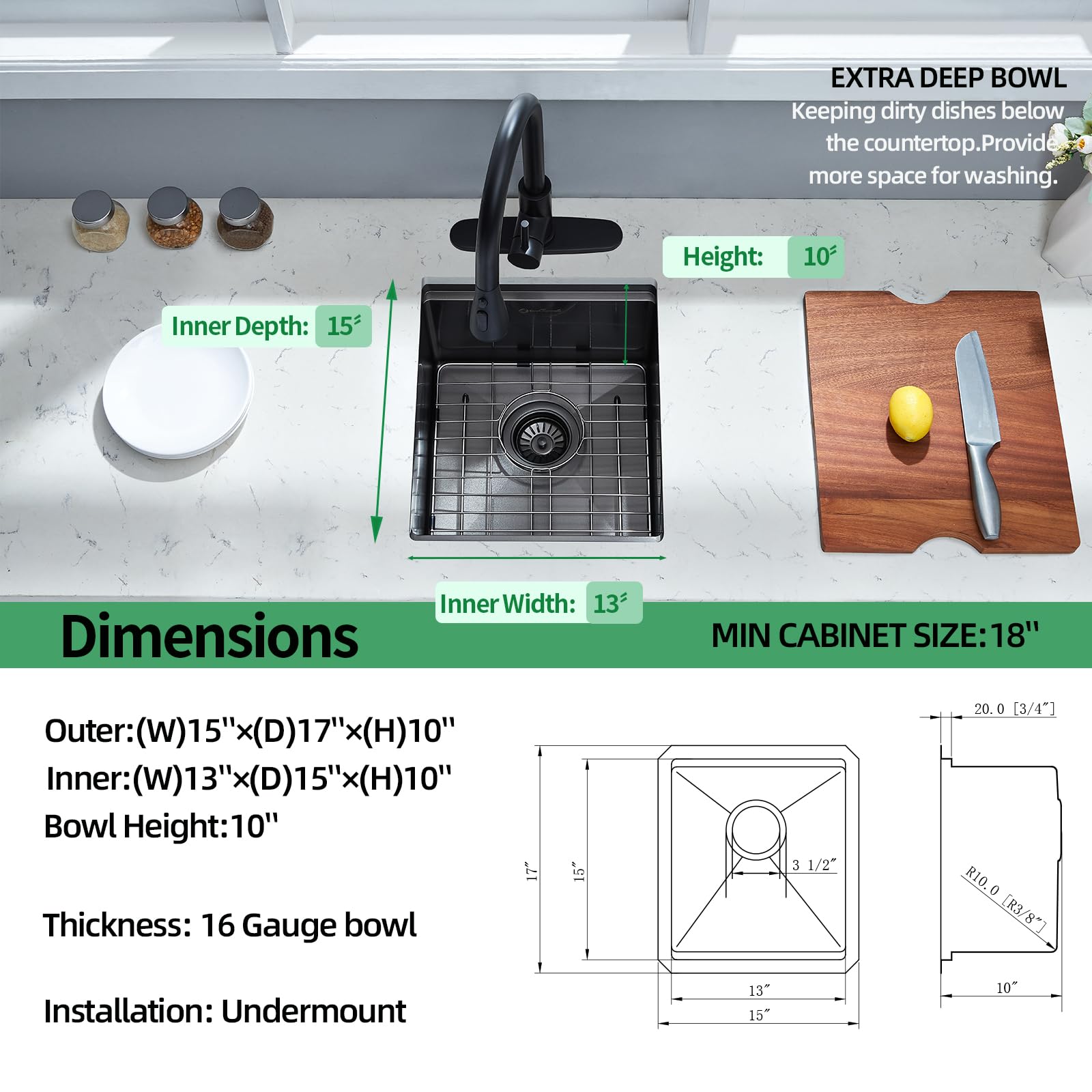 EcoChannels Undermount Kitchen Sink, 15 x 17 x 10 Inch Bar Sink 16 Gauge Gunmetal Black Stainless Steel Small Sink Kitchen Single Bowl Workstation Sink with Cutting Board