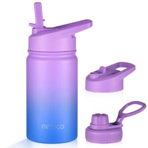 mininoo insulated kids water bottle, 12 oz stainless steel water bottle kids with straw lid and chug lid for girls, boys (purple/blue)