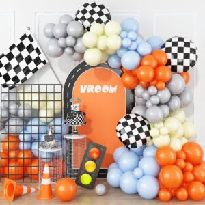 race car balloon garland arch kit, blue yellow grey white coral red latex balloons,racing car party supplies,checkered balloons for racing car theme party birthday decorations