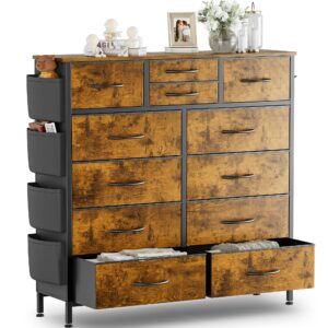 himusi dresser for bedroom with 12 drawer, tall dresser with side pockets and hooks, fabric dressers, chests of drawers for closet, hallway, living room, entryway, rustic