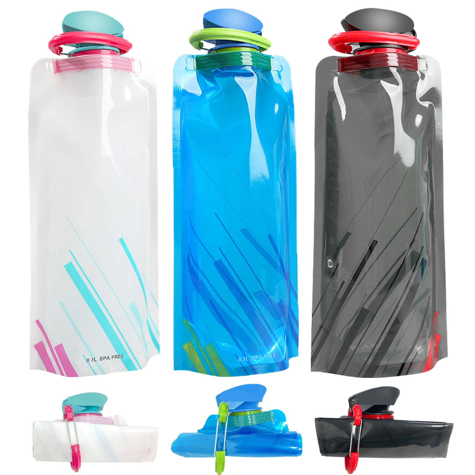 hautllaif (3 Pack) 700ml Large Foldable Water Bottle Fully Collapsible Stock Bottle, Portable Water Bottle for Running Cycling outdoor (Black, Blue, White