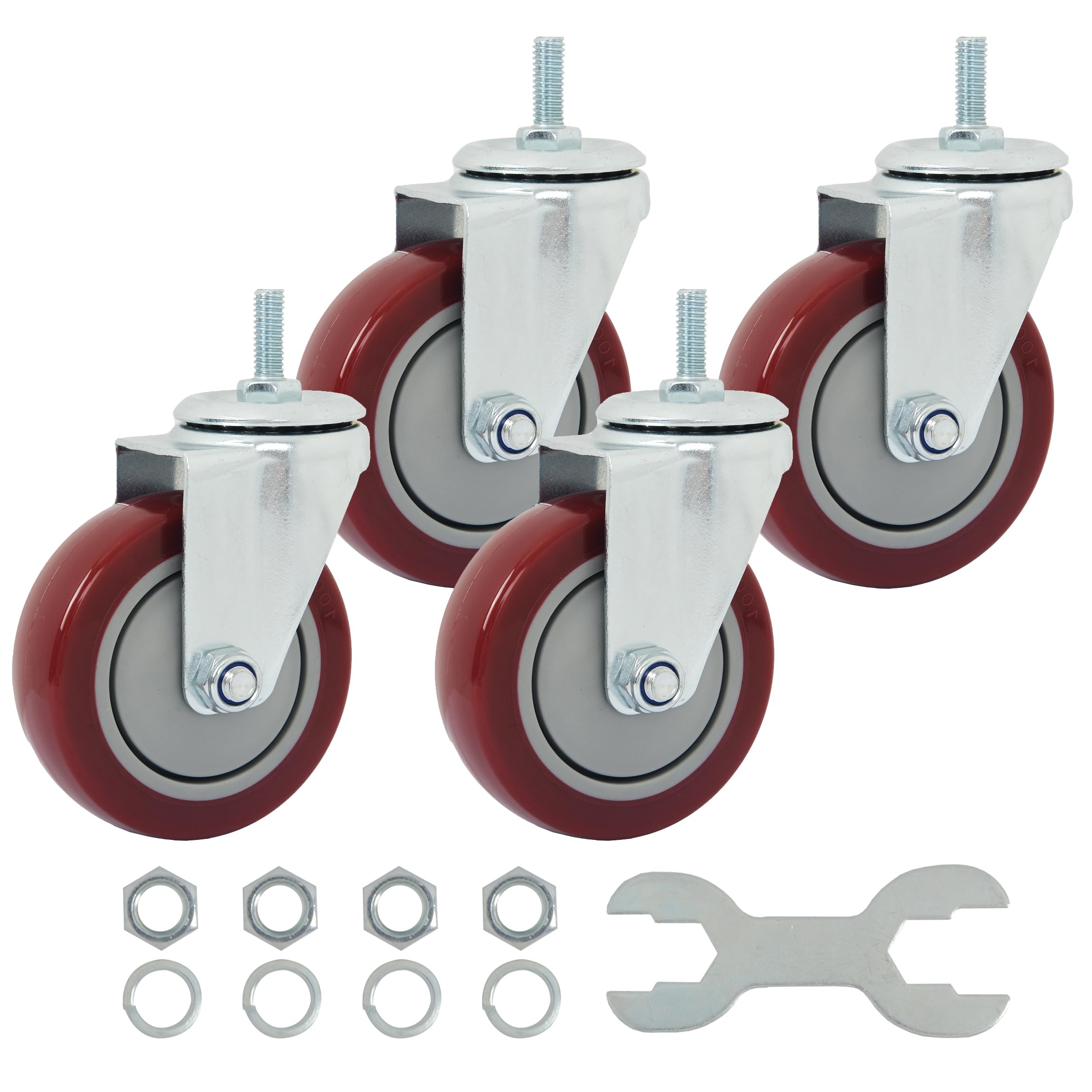 Finnhomy Swivel Caster Wheels 4 Inch Threaded Stem Casters Set of 4 Heavy Duty 3/8"-16 x 1" Anti-wear Polyurethane Industrial Castor Wheels for Cart/Furniture Load Bearing 2200 Lbs Smooth Casters Red