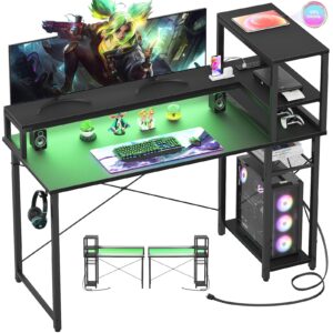 cyclysio gaming desk 47", computer desk with reversible storage shelves, home office desk with power outlets & rgb led lights, small desk for gaming, studying, working, black