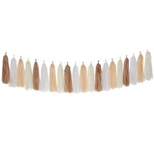 boho rainbow baby-shower party-decorations tassel-garland - 20pcs neutral birthday wedding bridal tassels, white brown champagne banner streamers, engagement bachelorette christmas decor panduola