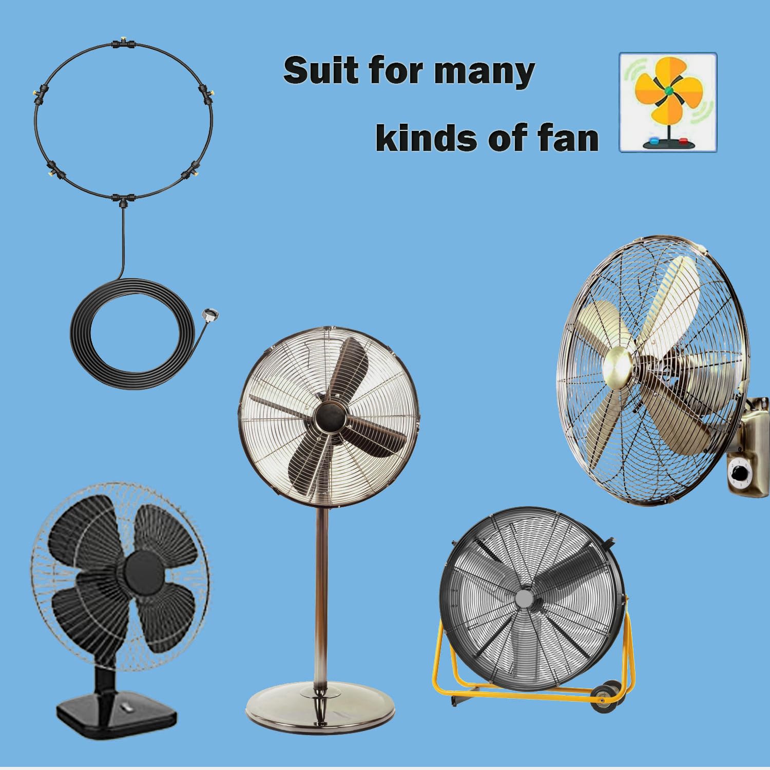 Laboomkey Stay Cool Outdoors with 18 Inch Misting Fan Kit - 26ft Water Mister Spray Tube& 5 Removable Brass Nozzles & Galvanized Solid Brass Adapter for patio misters for cooling outdoor