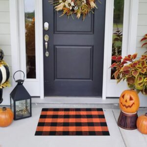 bedkiss orange and black plaid rug - indoor outdoor hand-woven washable doormat for fall front door decoration, porch, entryway, farmhouse, autumn, thanksgiving (orange and black plaid, 2'4" × 3'7")