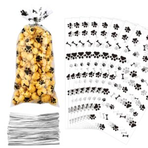 100 pieces paw print dog treat bags, dog print cellophane treat bags, dog paw print gift bags, heat sealable candy bags with 100 silver twist ties for pet birthday party favor supplies, black