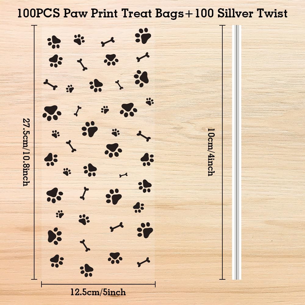 100 Pieces Paw Print Dog Treat Bags, Dog Print Cellophane Treat Bags, Dog Paw Print Gift Bags, Heat Sealable Candy Bags with 100 Silver Twist Ties for Pet Birthday Party Favor Supplies, Black