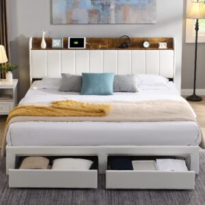 xkloger upholstered bed frame queen size with headboard, platform queen bed frame with storage drawers & charging station, no box spring needed/noise free/heavy duty/white