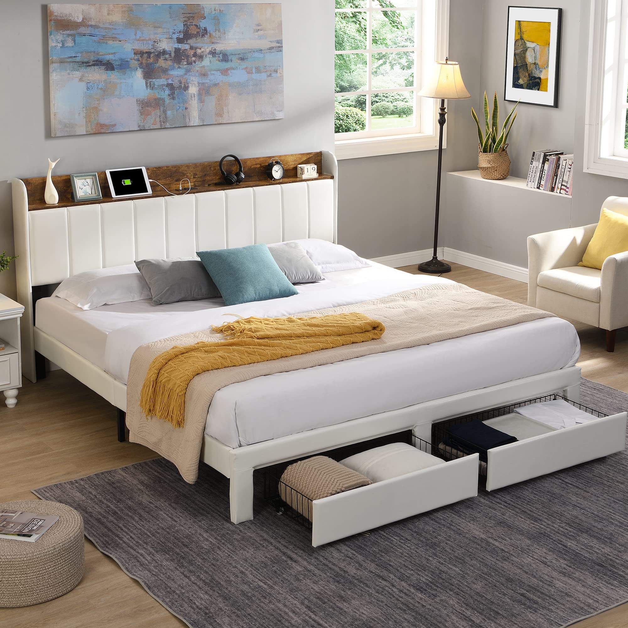 XKLOGER Upholstered Bed Frame Queen Size with Headboard, Platform Queen Bed Frame with Storage Drawers & Charging Station, No Box Spring Needed/Noise Free/Heavy Duty/White