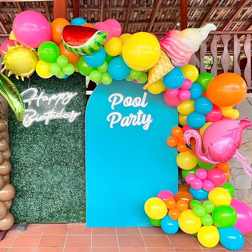 Summer Party Decoration 144PCS Tropical Flamingo Balloons Garland Arch Kit,Watermelon,Ice Cream Flamingo Balloons for Beach Pool Hawaiian Luau Birthday Party Decorations