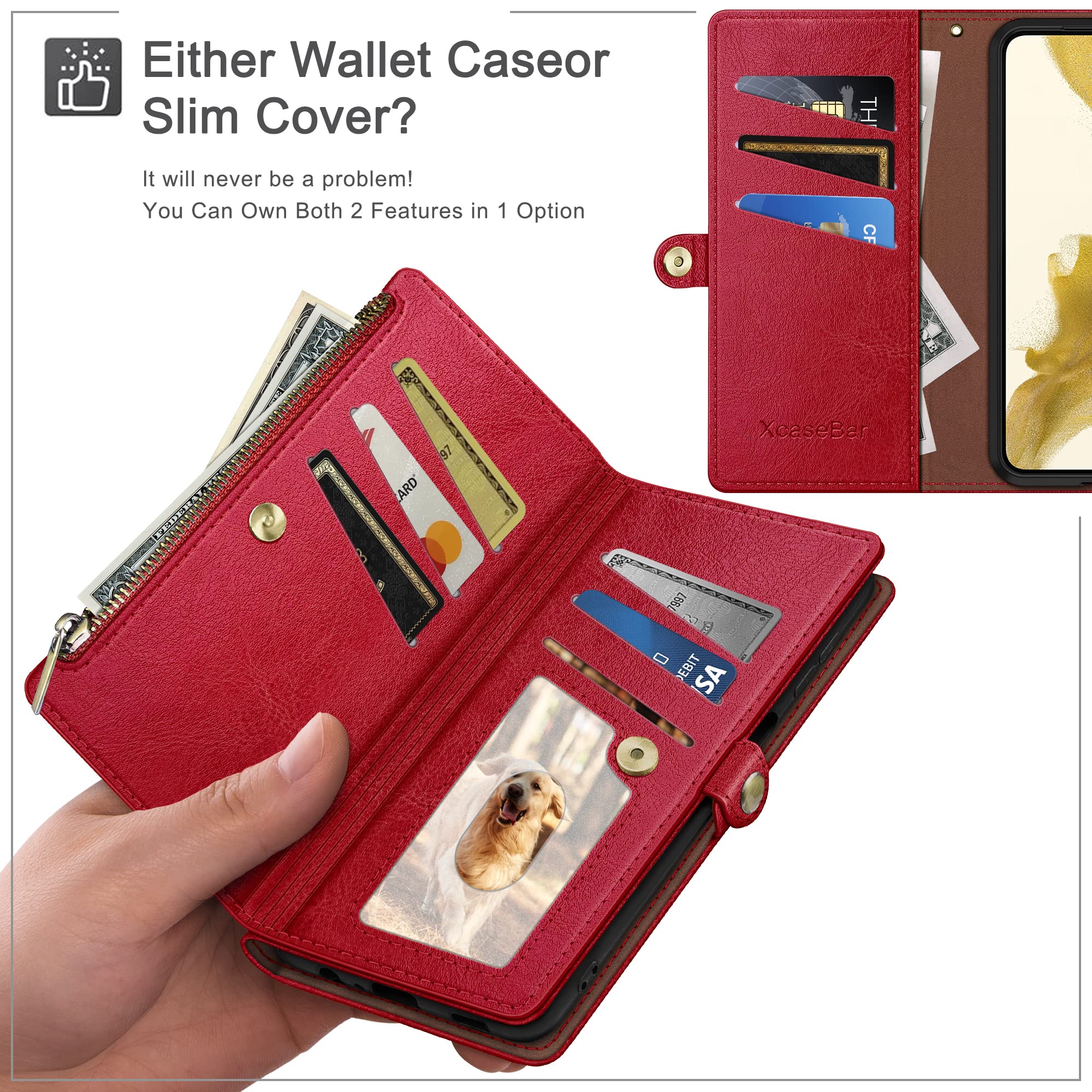 XcaseBar for iPhone 13 Pro Max 6.7" Wallet case with Zipper Credit Card Holder【RFID Blocking】, Flip Folio Book PU Leather Phone case Shockproof Cover Women Men for apple 13 Pro Max case Red