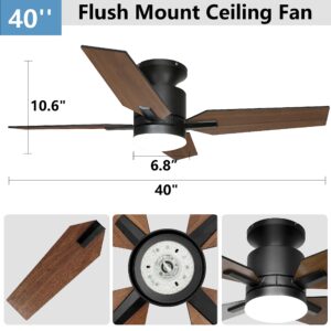 Ohniyou Ceiling Fan with Lights Flush Mount,40'' Small Ceiling Fans with Lights and Remote Control,Indoor Outdoor Quiet DC Black Low Profile Ceiling Fan for Patio Kitchen Dining Room Bedroom