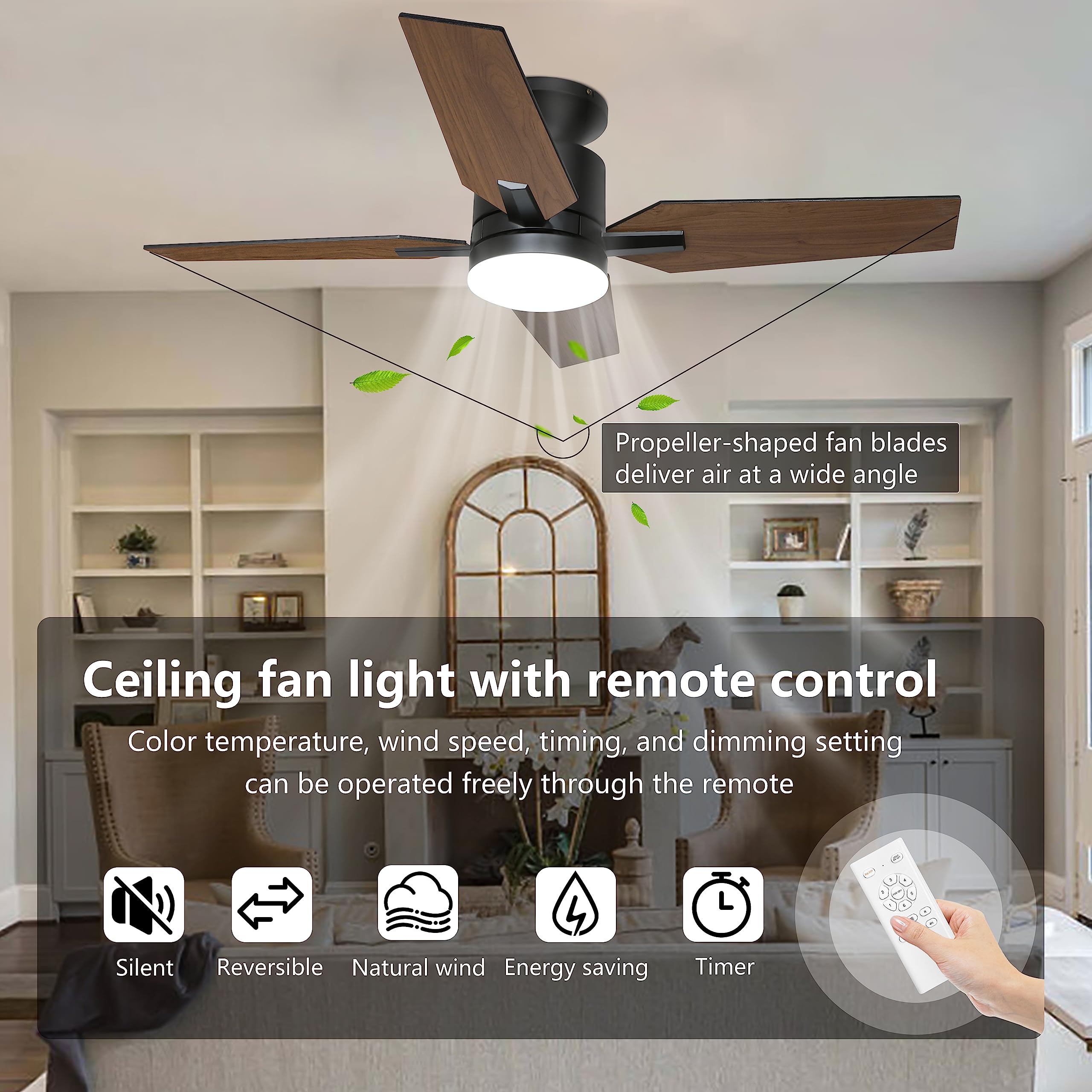 Ohniyou Ceiling Fan with Lights Flush Mount,40'' Small Ceiling Fans with Lights and Remote Control,Indoor Outdoor Quiet DC Black Low Profile Ceiling Fan for Patio Kitchen Dining Room Bedroom