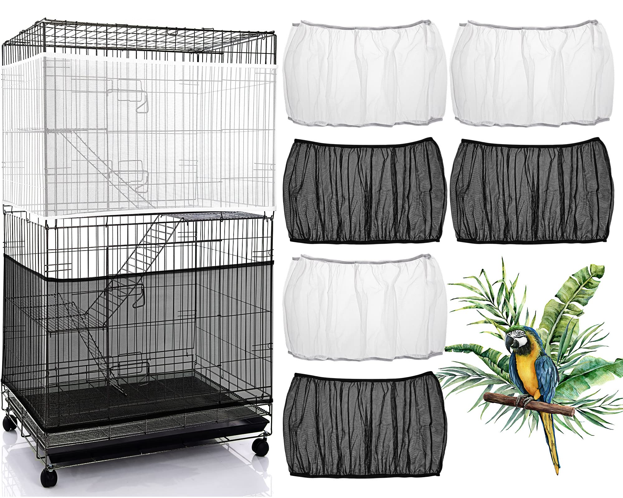 Windyun 6 Pcs Bird Cage Seed Catcher Large Adjustable Bird Cage Cover Airy Gauze Bird Cage Net Seeds Guard Dust-Proof Mesh Skirt Cover for Parrot Universal Birdcage Accessories, Black and White