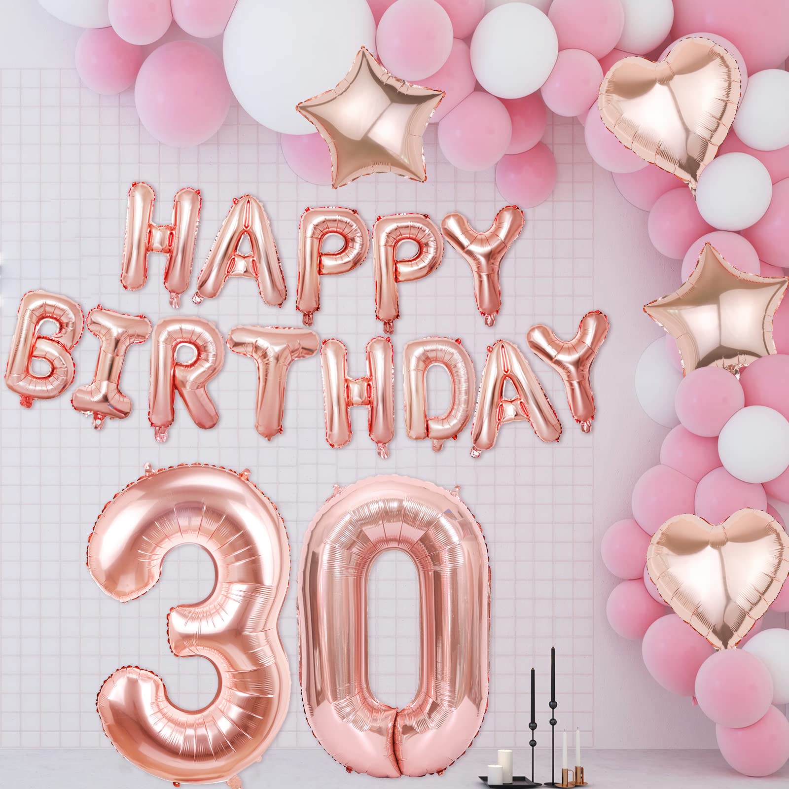 Rose Gold Happy Birthday Balloons Banner, 30th Birthday Decorations 16 Inch Mylar Foil Letters Sign Balloons Banner for Thirty Year Old Birthday Party Supplies (30th)