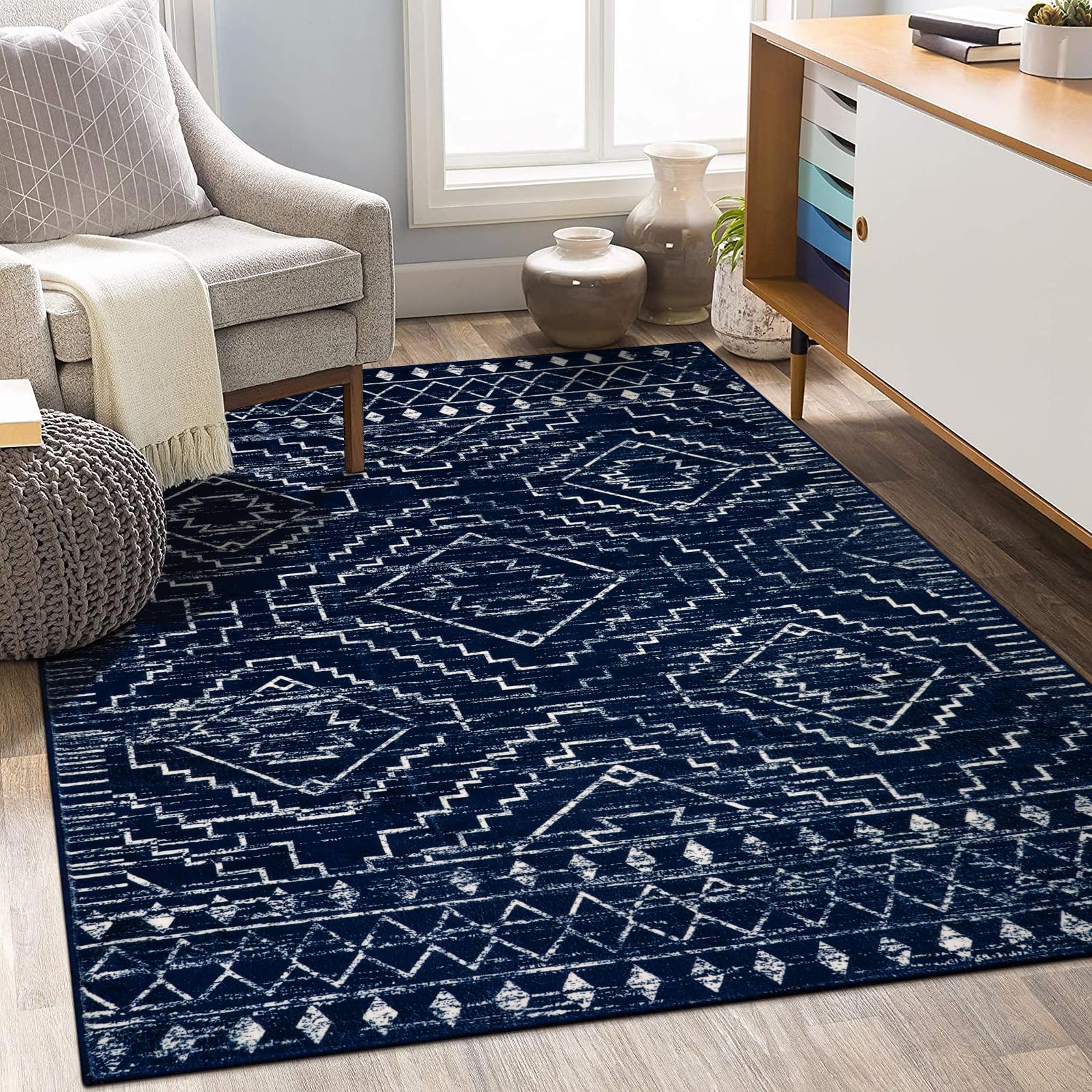 Wonnitar Moroccan 5x7 Blue Rugs for Living Room, Washable Geometric Tribal Bedroom Area Rug, Large Non-Shedding Soft Low Pile Stain Resistant Carpet for Den Kitchen Home Decor (Blue,5'x7')