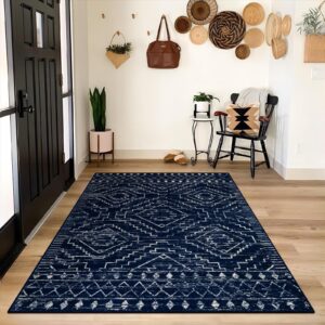 Wonnitar Moroccan 5x7 Blue Rugs for Living Room, Washable Geometric Tribal Bedroom Area Rug, Large Non-Shedding Soft Low Pile Stain Resistant Carpet for Den Kitchen Home Decor (Blue,5'x7')