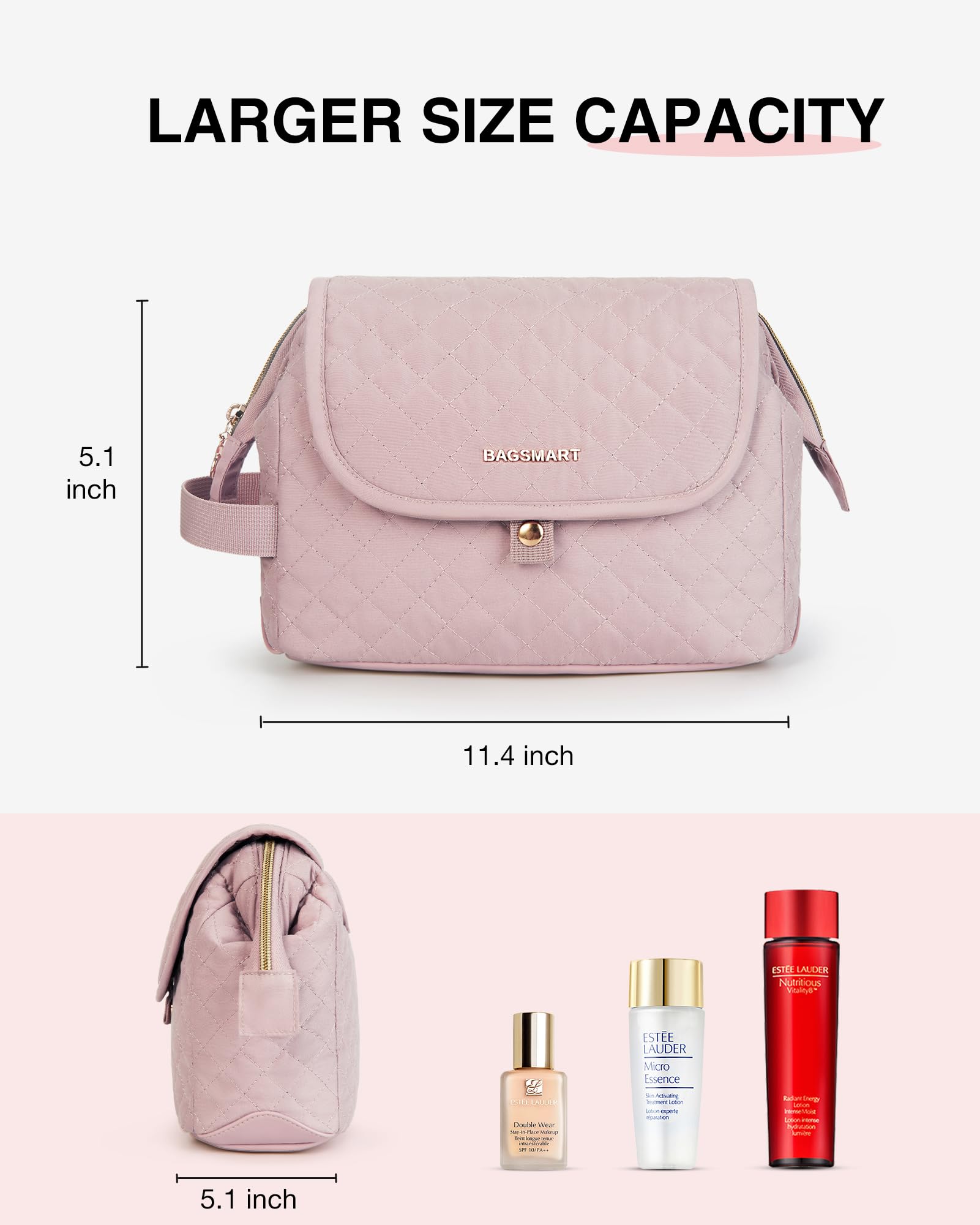 BAGSMART Travel Toiletry Bag, Toiletry Bag for Women with Hanging Hook, Large Wide-open Cosmetic Bag Make Up Organizer Case Travel Bag for Toiletries Accessories,Traveling, Camping, Pink