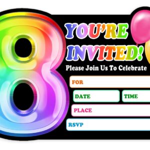 Greatingreat Rainbow Holographic Ballon Invitations with Envelope for 8th Birthday Party Anniversary,Fun Party Invite for Girls Child,Set of 30,4x6 inches