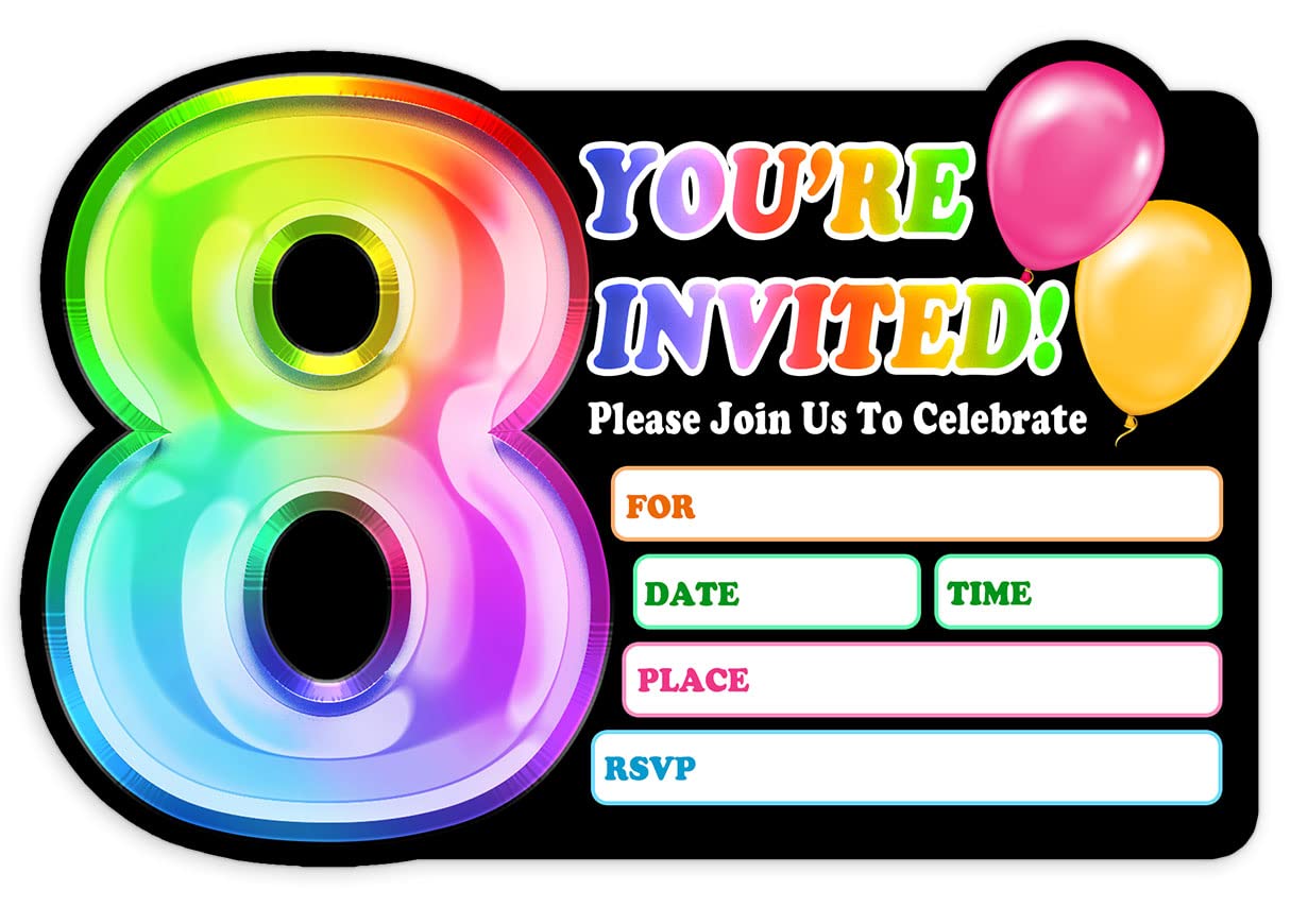 Greatingreat Rainbow Holographic Ballon Invitations with Envelope for 8th Birthday Party Anniversary,Fun Party Invite for Girls Child,Set of 30,4x6 inches