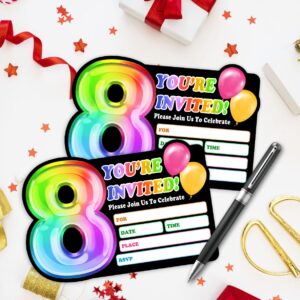 Greatingreat Rainbow Holographic Ballon Invitations with Envelope for 8th Birthday Party Anniversary,Fun Party Invite for Girls Child,Set of 30,4x6 inches