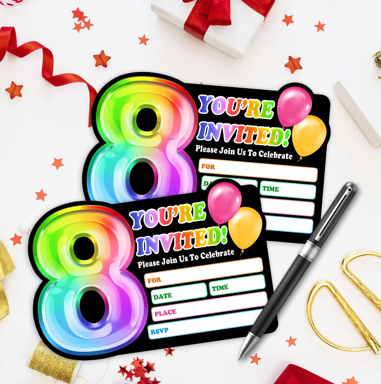 Greatingreat Rainbow Holographic Ballon Invitations with Envelope for 8th Birthday Party Anniversary,Fun Party Invite for Girls Child,Set of 30,4x6 inches