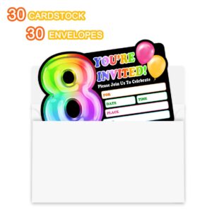 Greatingreat Rainbow Holographic Ballon Invitations with Envelope for 8th Birthday Party Anniversary,Fun Party Invite for Girls Child,Set of 30,4x6 inches