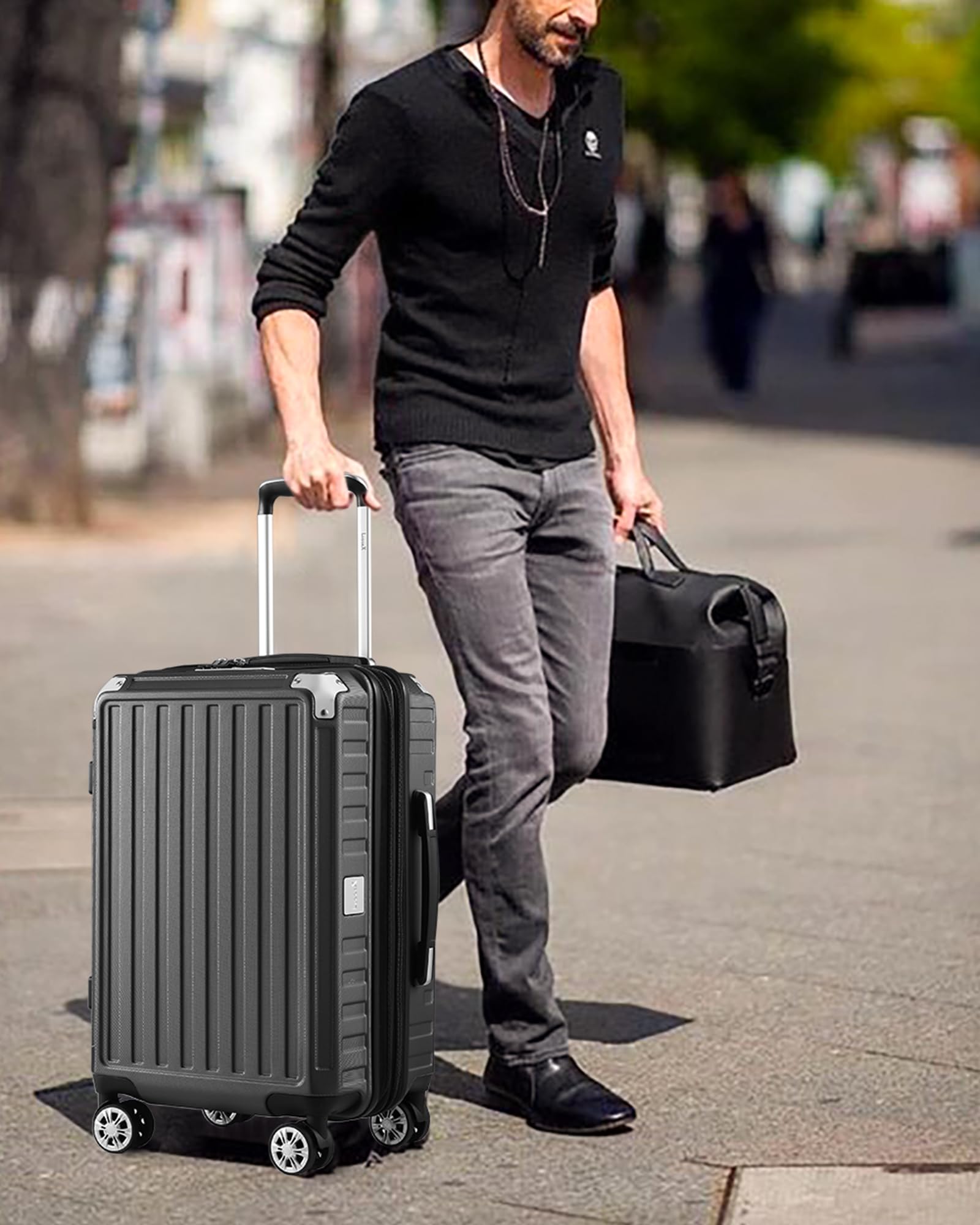 LUGGEX 28 Inch Luggage with Spinner Wheels - 83L Polycarbonate Expandable Hard Shell Suitcases Large Checked Luggage (Black Suitcase)