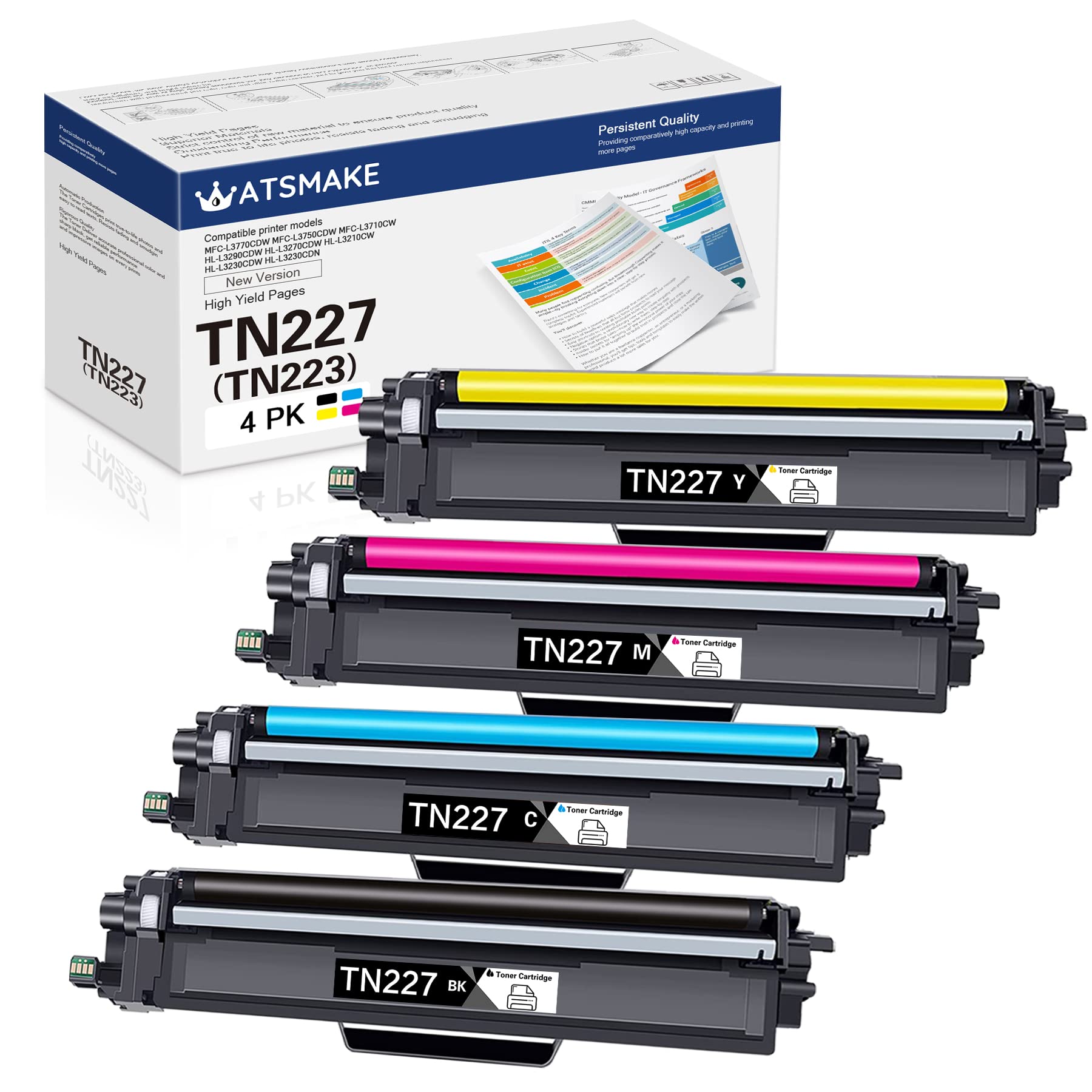 TN-227 Toner Cartridge 4-Pack (TN227BK TN227C TN227M TN227Y) Replacement for Brother TN-223 TN-227 High Yield MFC-L3770CDW MFC-L3710CW MFC-L3750CDW HL-3210CW HL-3270CDW HL-3290CDW Printer