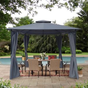 10 x 10ft hardtop gazebo, double roof gazebo with nettings, outdoor steel frame vertical stripes roof permanent for patio, backyard, lawns,grey