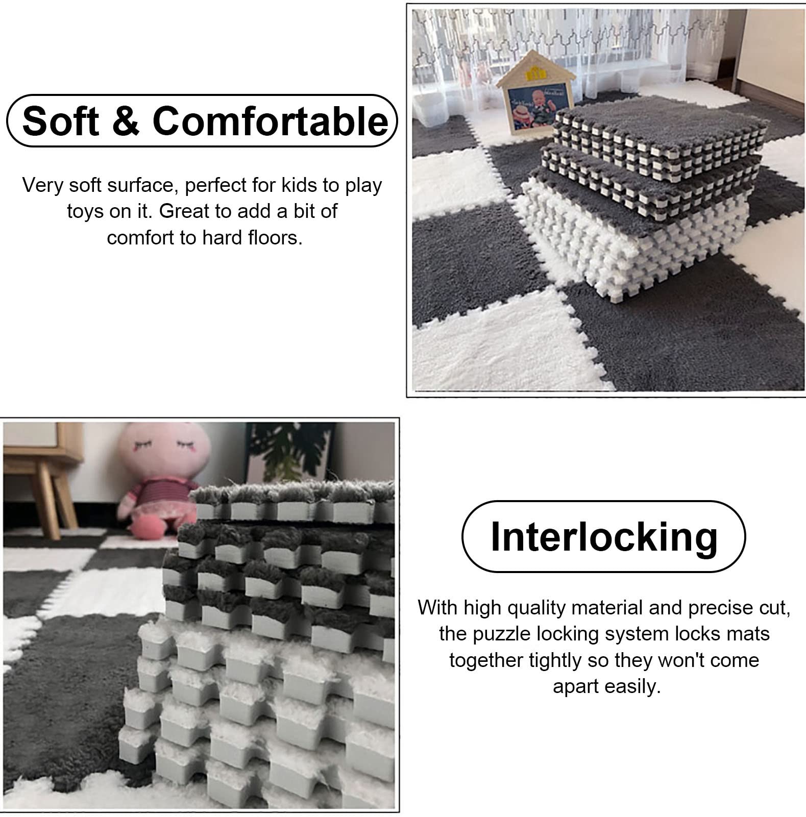 Interlocking Foam Tiles 10 Pcs 3/8" Thick Foam Flooring Tiles for Playroom Bedroom, Children Plush Puzzle Interlocking Tiles with Edgings, Comfortable Square Foam Mats (Color : Grey+White)