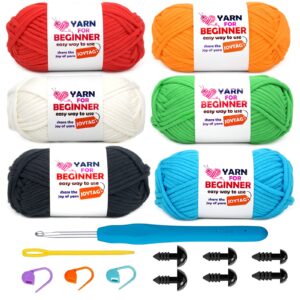 6 pack beginners crochet yarn blue green yellow red white black cotton crochet yarn for crocheting knitting beginners with easy-to-see stitches crochet yarn for beginners crochet kit(6x50g)