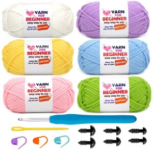 6 pack beginners crochet yarn blue green pink purple yellow cotton crochet yarn for crocheting knitting beginners with easy-to-see stitches pastel crochet yarn for beginners crochet kit(6x50g)