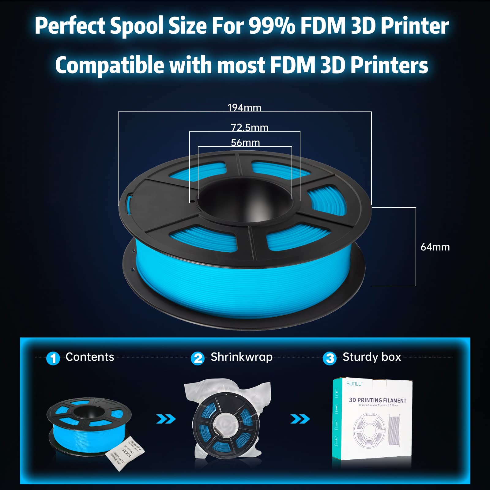 SUNLU Glow in the Dark PLA Filament, Neatly Wound Luminous PLA 3D Printer Filament 1.75mm Dimensional Accuracy +/- 0.02mm, Fit Most FDM 3D Printer, 1kg Spool (2.2lbs), 330 Meters, White PLA, Glow Blue