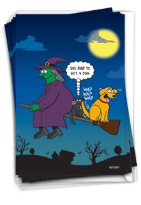 nobleworks 12 funny halloween greeting cards boxed set with 5 x 7 inch envelopes (1 design, 12 each) witch dog c10153hwg-b12x1