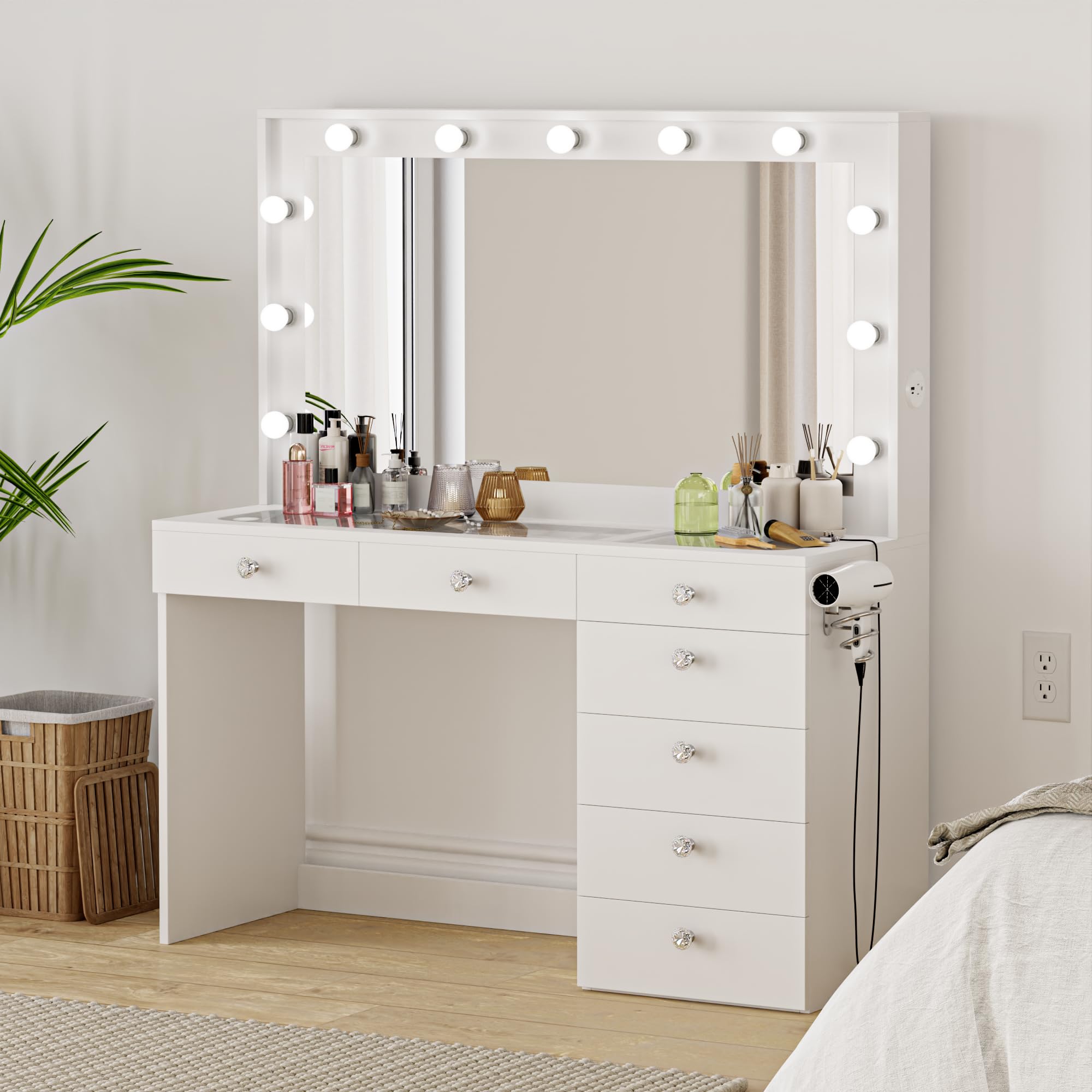 Boahaus Serena LARGE Makeup Vanity with Hollywood Lights Built-in, 7 Drawers, Hollywood Mirror, Hairdryer Hanger, Glass Top, Crystal Knobs, White Vanity Makeup Desk for Bedroom, 58'' Hx47''Wx17''D