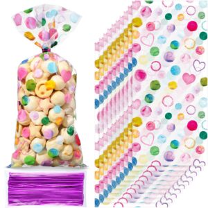 harloon 100 pieces cellophane treat bags with twist ties, watercolor dots cellophane bags plastic treat candy bags for birthdays baby shower mothers day graduation party supplies