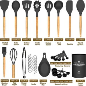 Kitchen Utensil, Cooking utensils, Cookware Set, 33-Piece, Kitchen, Cooking, Wooden Handle, Silicone Kitchen Products, Nonstick Heat-Resistant, Cookware Tools, Kitchen Gadgets, (Black)