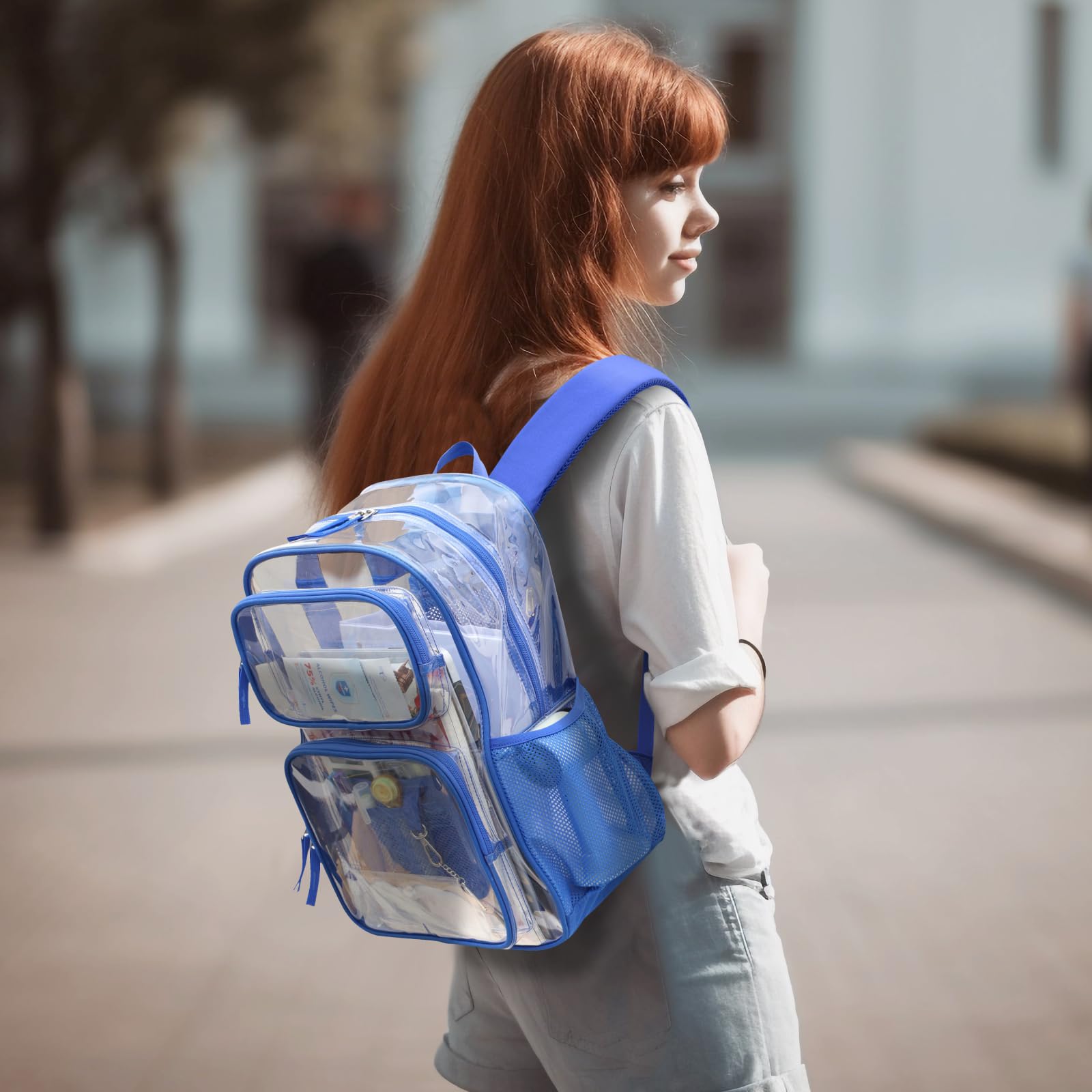 PACKISM Clear Backpack for School - 17 inch Large Heavy Duty Clear Bookbag, See Through PVC Transparent Backpacks with 2 Front Pockets for College Work, Blue (for age 12 above)