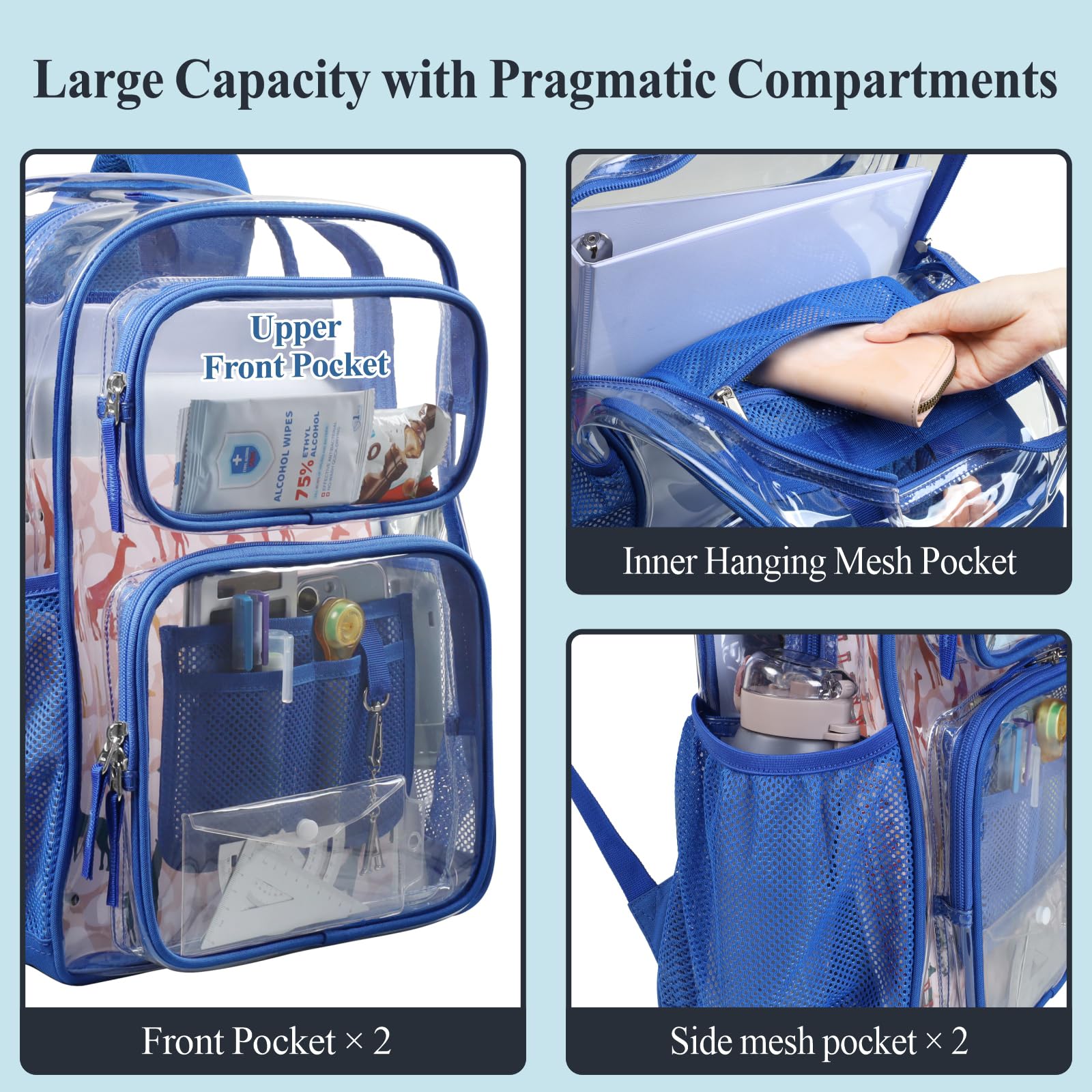 PACKISM Clear Backpack for School - 17 inch Large Heavy Duty Clear Bookbag, See Through PVC Transparent Backpacks with 2 Front Pockets for College Work, Blue (for age 12 above)